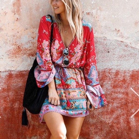 Dresses | Gypsy Ruby Lotus Long Sleeve Boho Peasant Dress Midi Floral ...